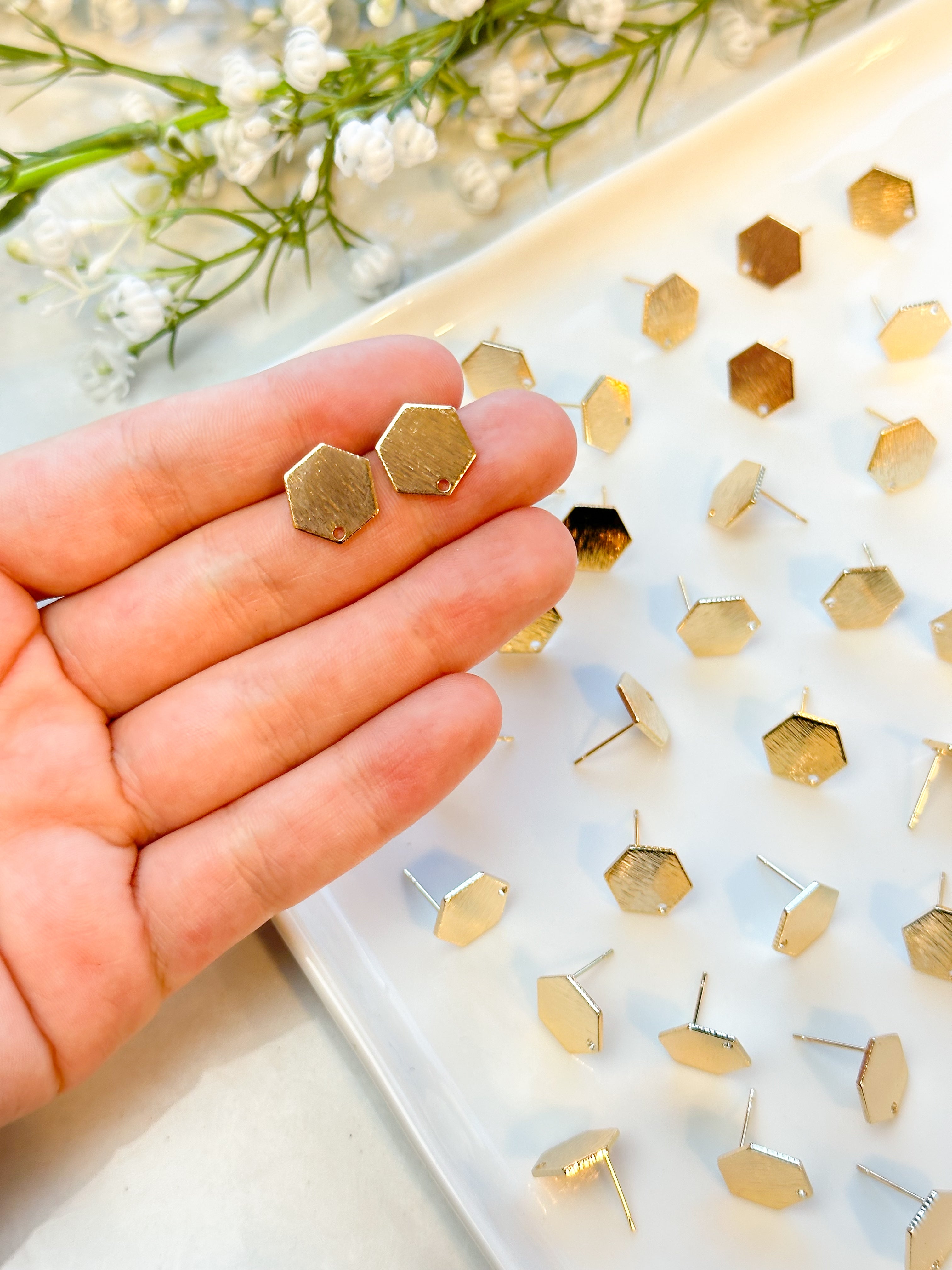 18K Real Gold Plated Textured Hexagon Posts with 316 Surgical Stainles ...